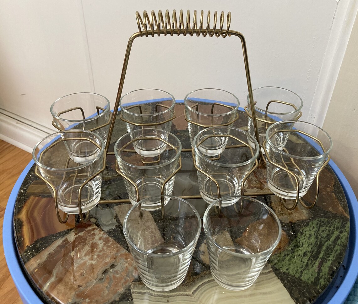 Midcentury Portable Gold Wire Cocktail Wine Glass Carry Caddy Rack With ...
