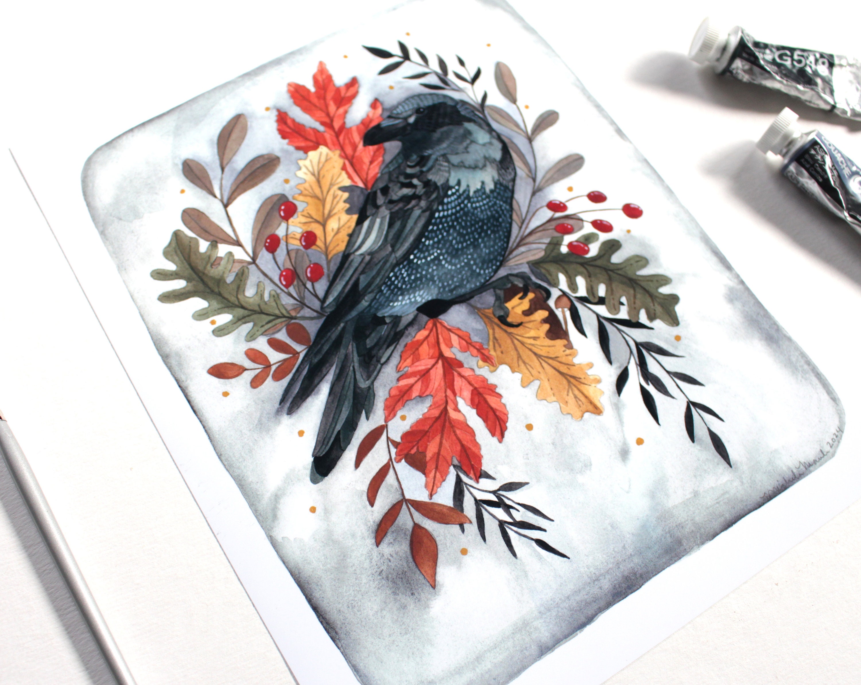 Illustrated Crow Art Print - Autumn Crow - Etsy