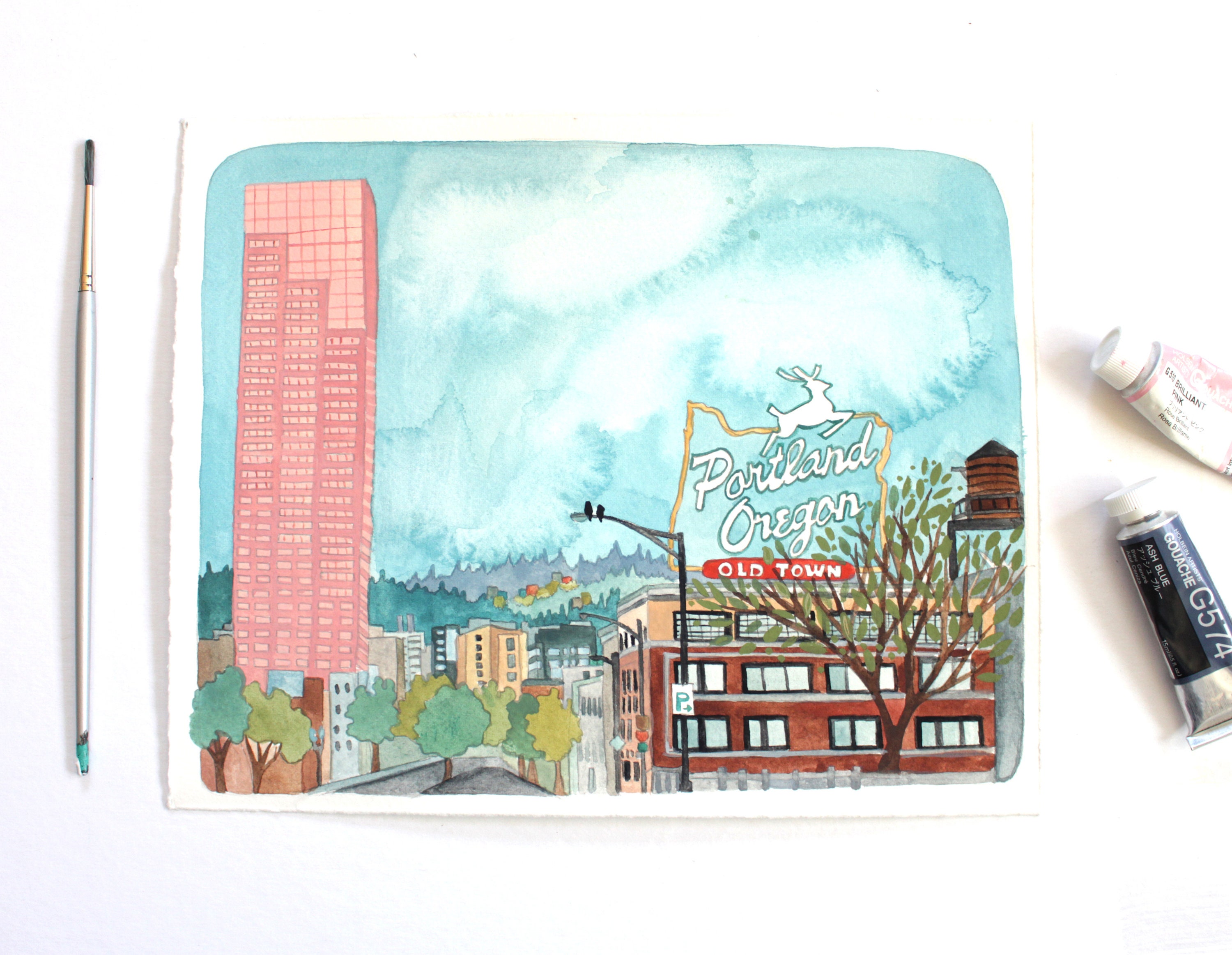 Original Portland Oregon Painting on Paper - Big Pink - Etsy