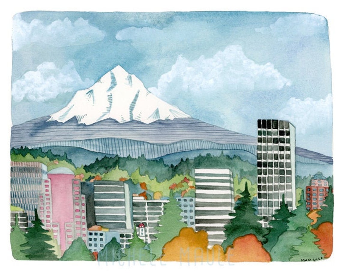 Portland Oregon Illustration Art Print Portland Skyline - Etsy