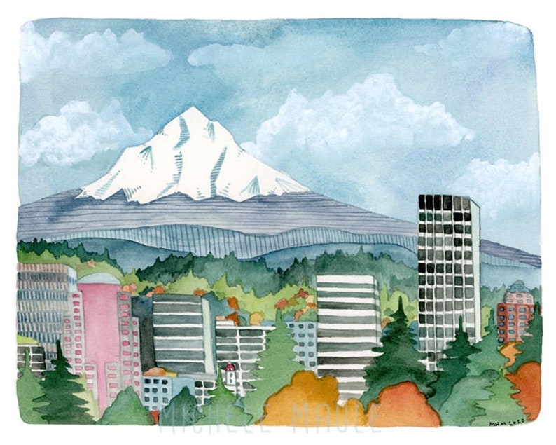 Portland Oregon Illustration Art Print Portland Skyline | Etsy