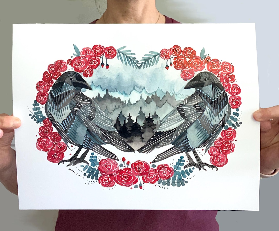 Crow Art Illustration - Two Crows and Roses - Etsy