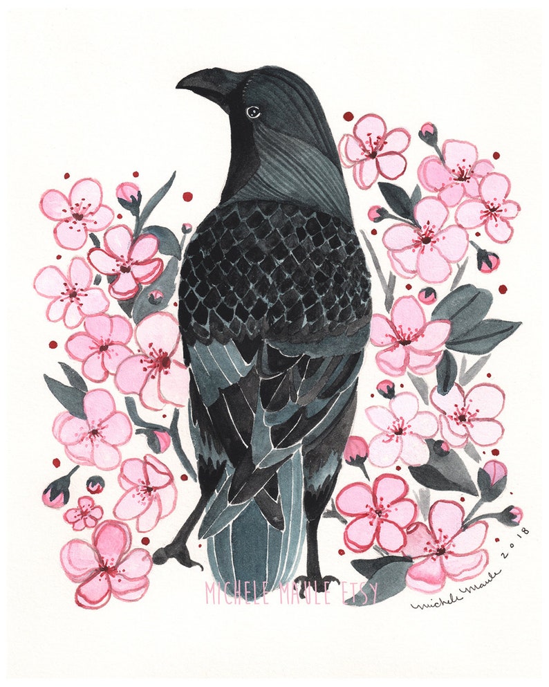 Crow Art Print - Crow With Blossoms - Etsy