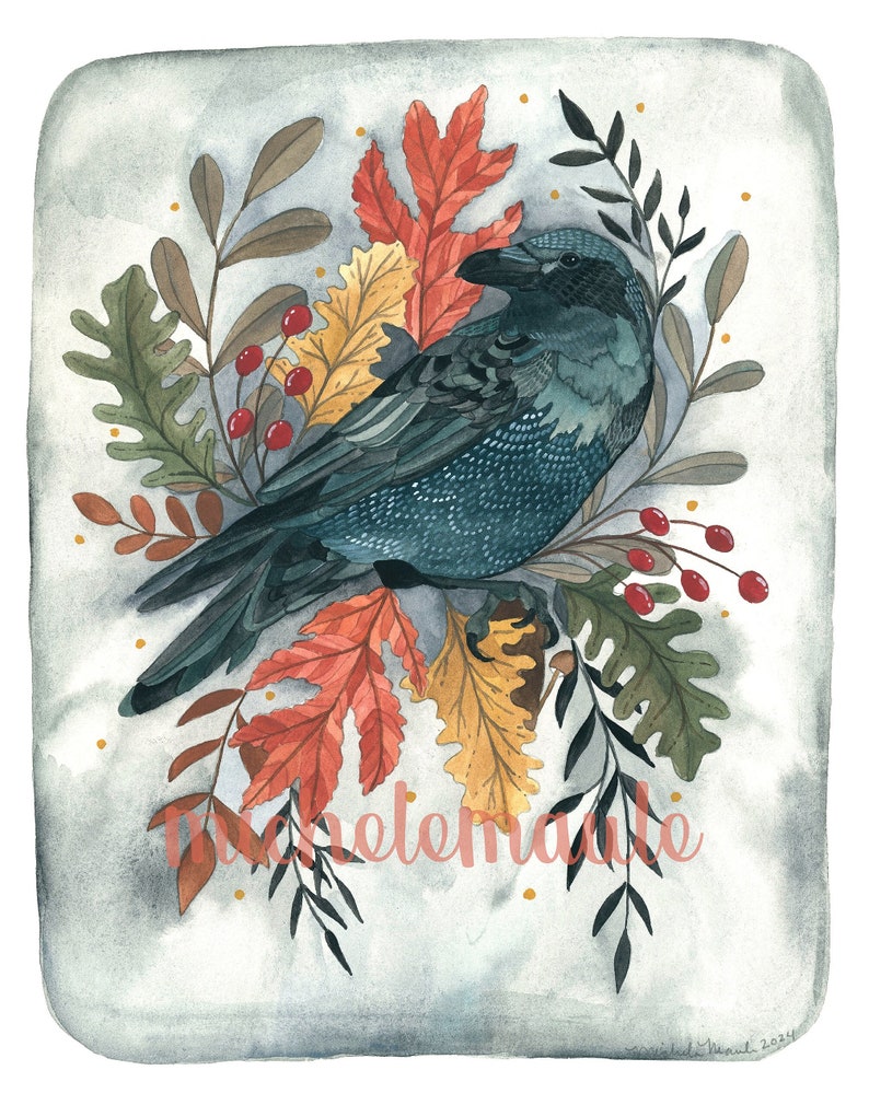 Illustrated Crow Art Print - Autumn Crow - Etsy