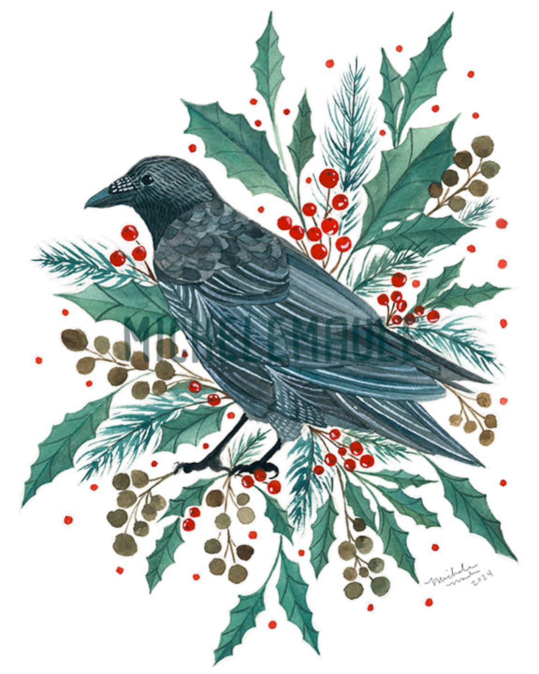 Crow Illustration Art Print - Holiday Crow - Etsy