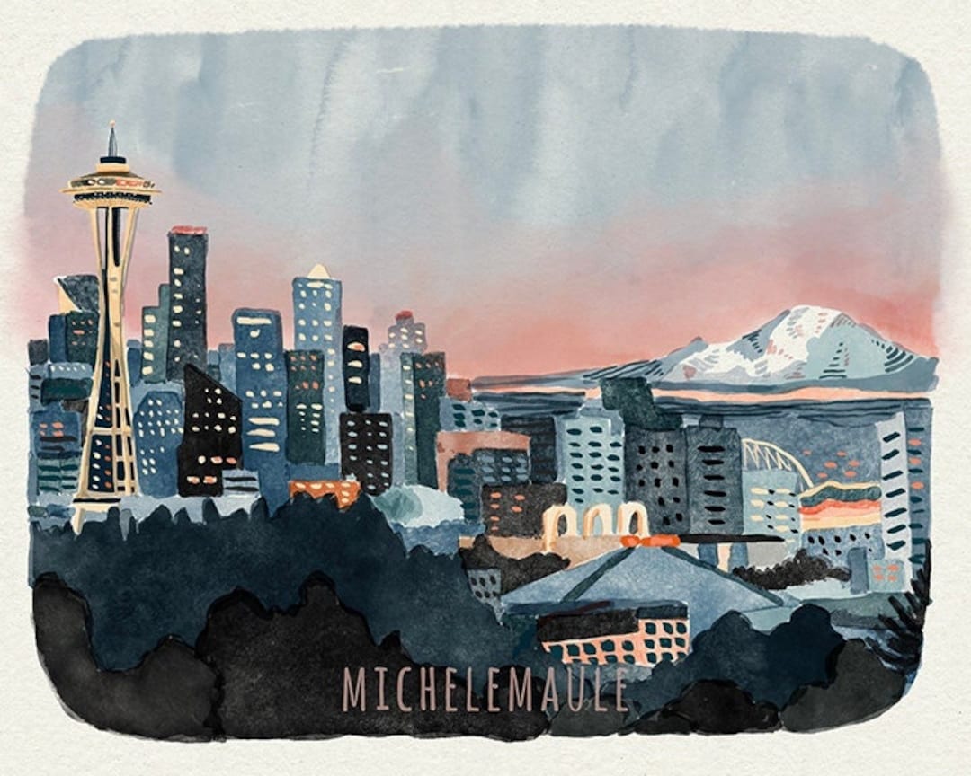 Seattle Washington Illustrated Art Print Seattle Skyline 8x10 Print - Etsy