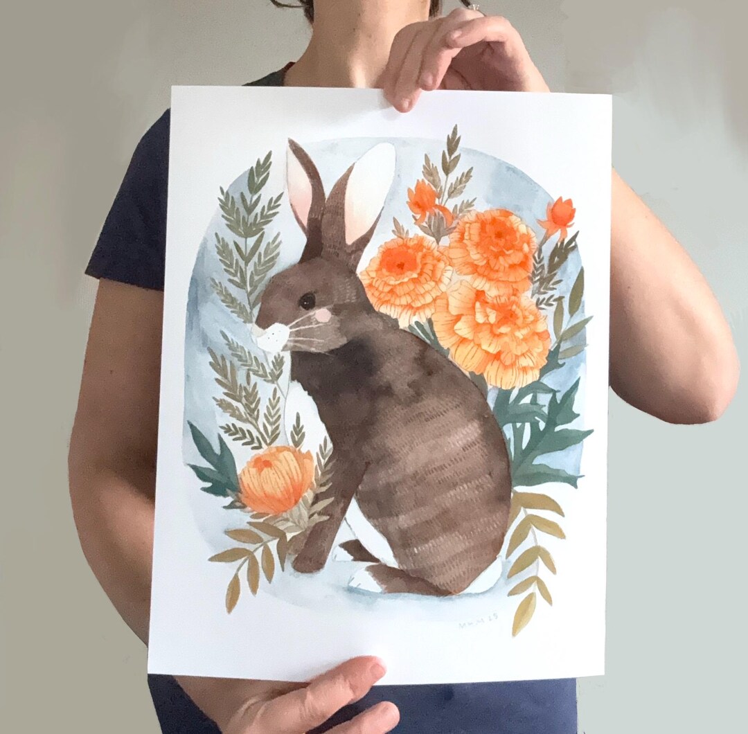 Hand Drawn Bunny Illustration With Marigold Flowers (11x14) - Etsy