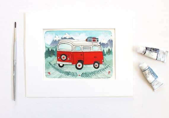Original Red Bus Illustration Camper Van Art | Etsy