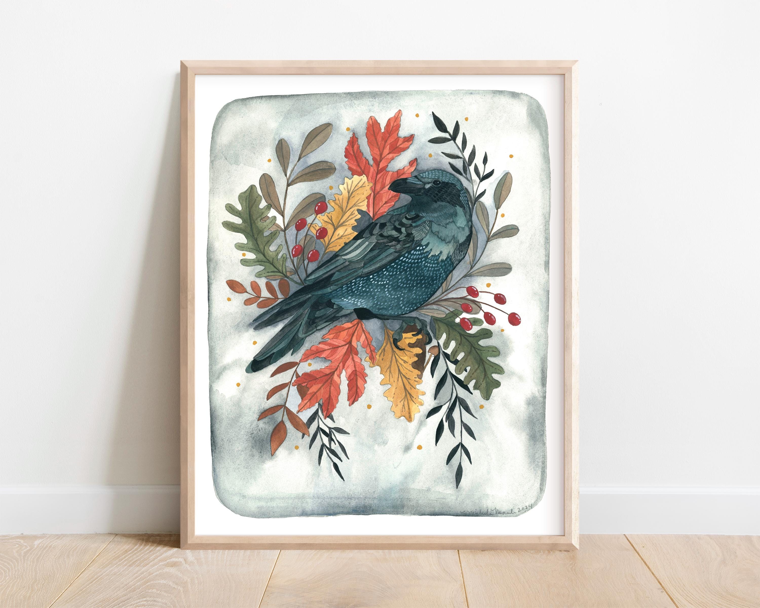 Illustrated Crow Art Print - Autumn Crow - Etsy