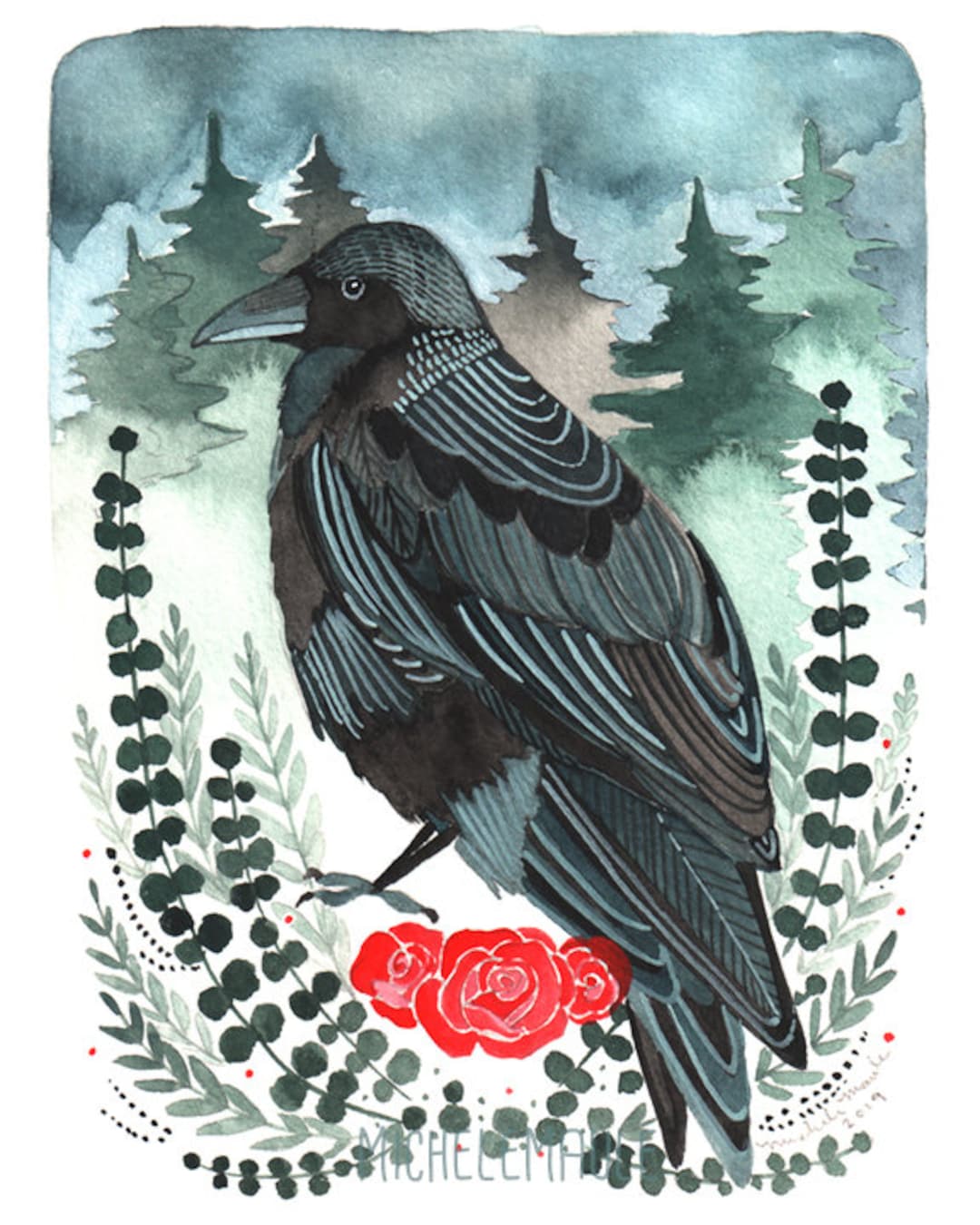 Illustrated Art Print - Crow With Roses 8x10 Print - Etsy