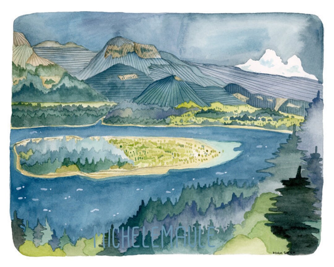 Oregon Art Illustration Print - Columbia River Gorge 8x10 - Etsy