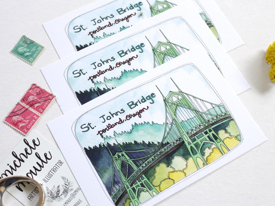 St Johns Bridge Portland Postcards: Hand Illustrated Set - Etsy