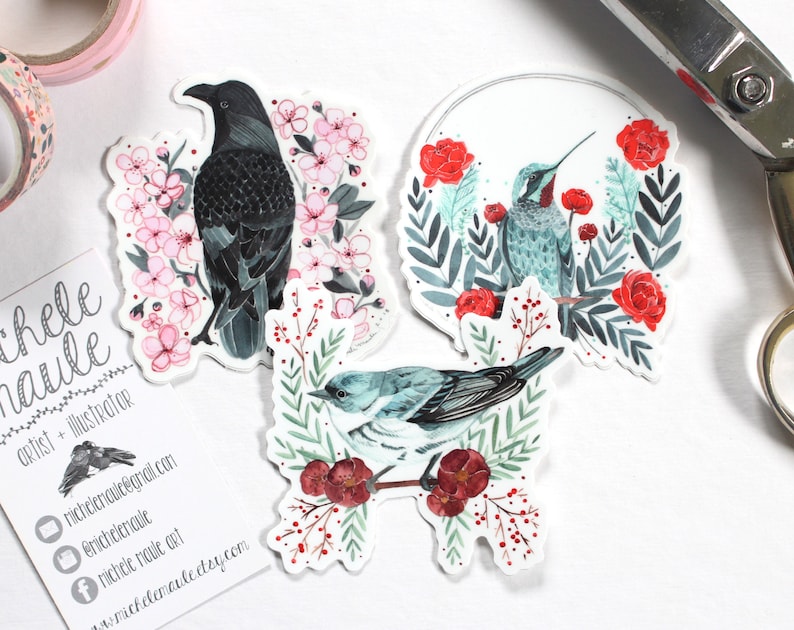 Set of Three Illustrated Vinyl Bird Stickers - Etsy