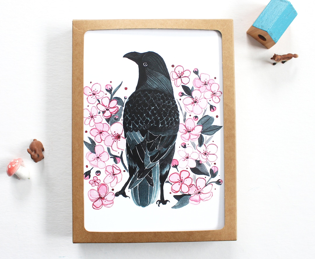 Set of Blank Crow With Cherry Blossoms Notecards - Etsy