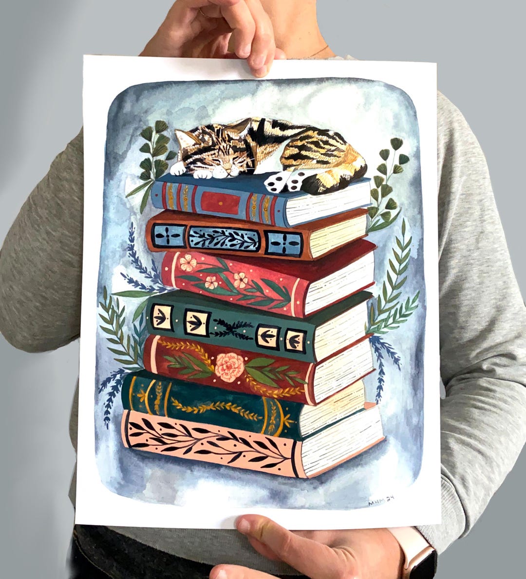 Cat and Book Illustration Print - Cat Napping on Books - Etsy