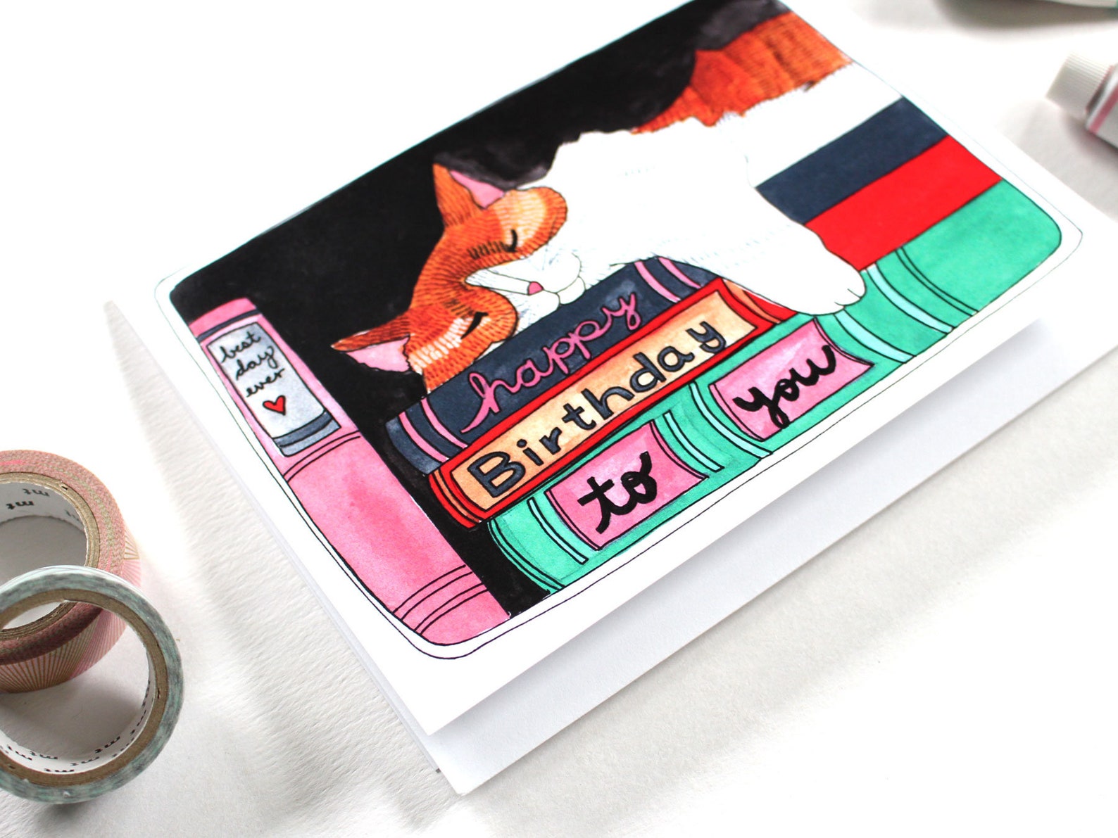 Blank Cat Birthday Card - Cat Nap With Books - Etsy