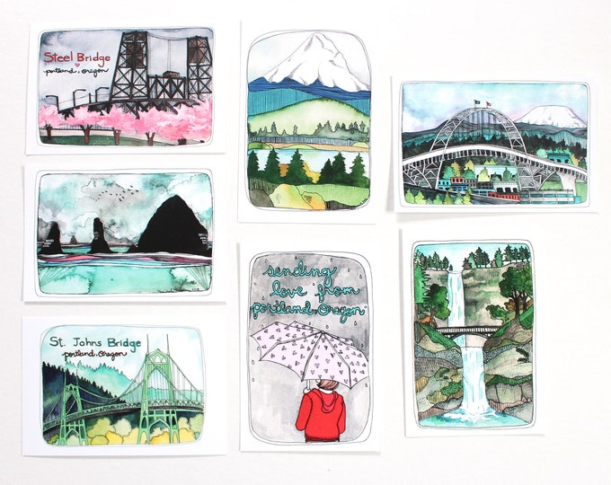 Set of 7 Illustrated Oregon Postcards - Etsy