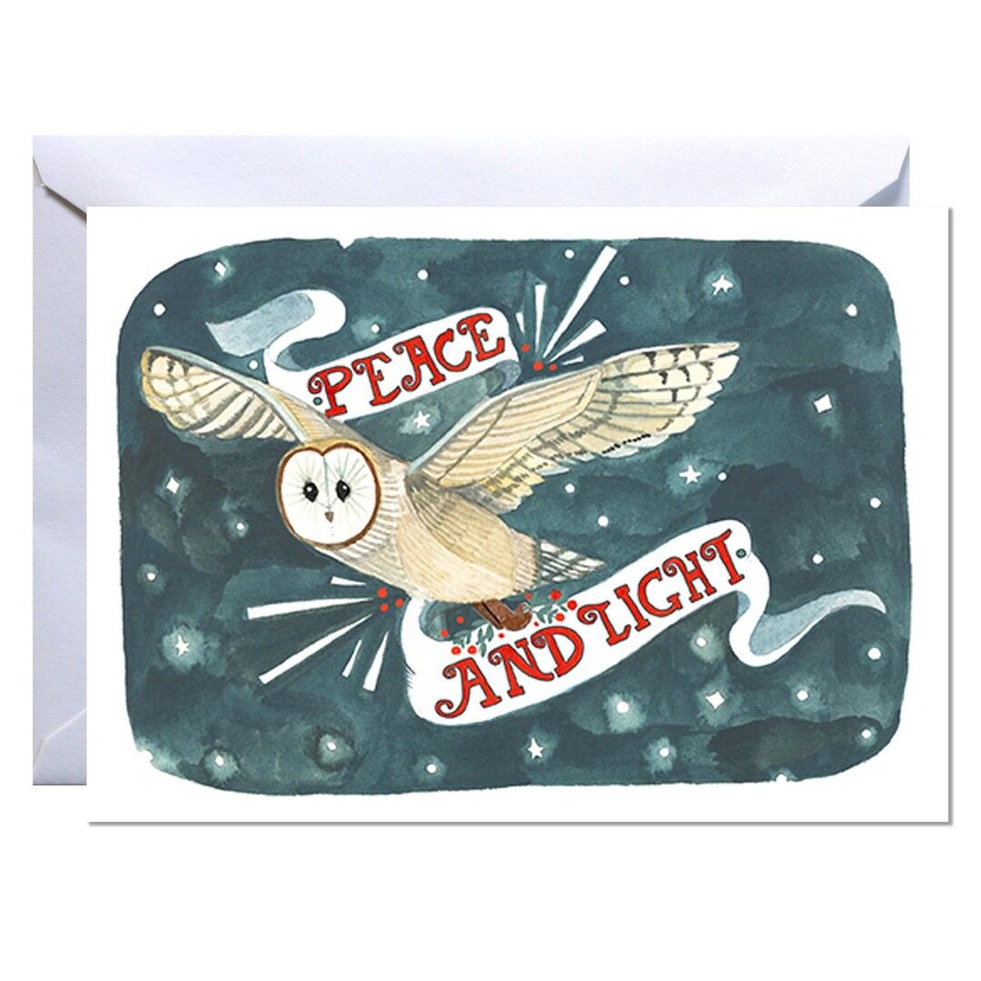 Hand Drawn Blank Illustrated Owl Holiday Card - Peace and Light - Etsy