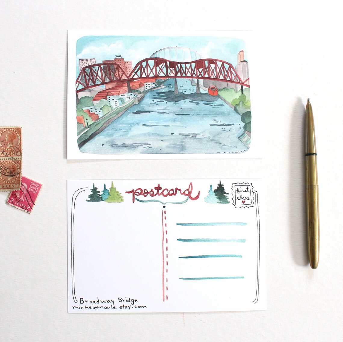 Illustrated Portland Oregon Postcard Set Broadway Bridge - Etsy