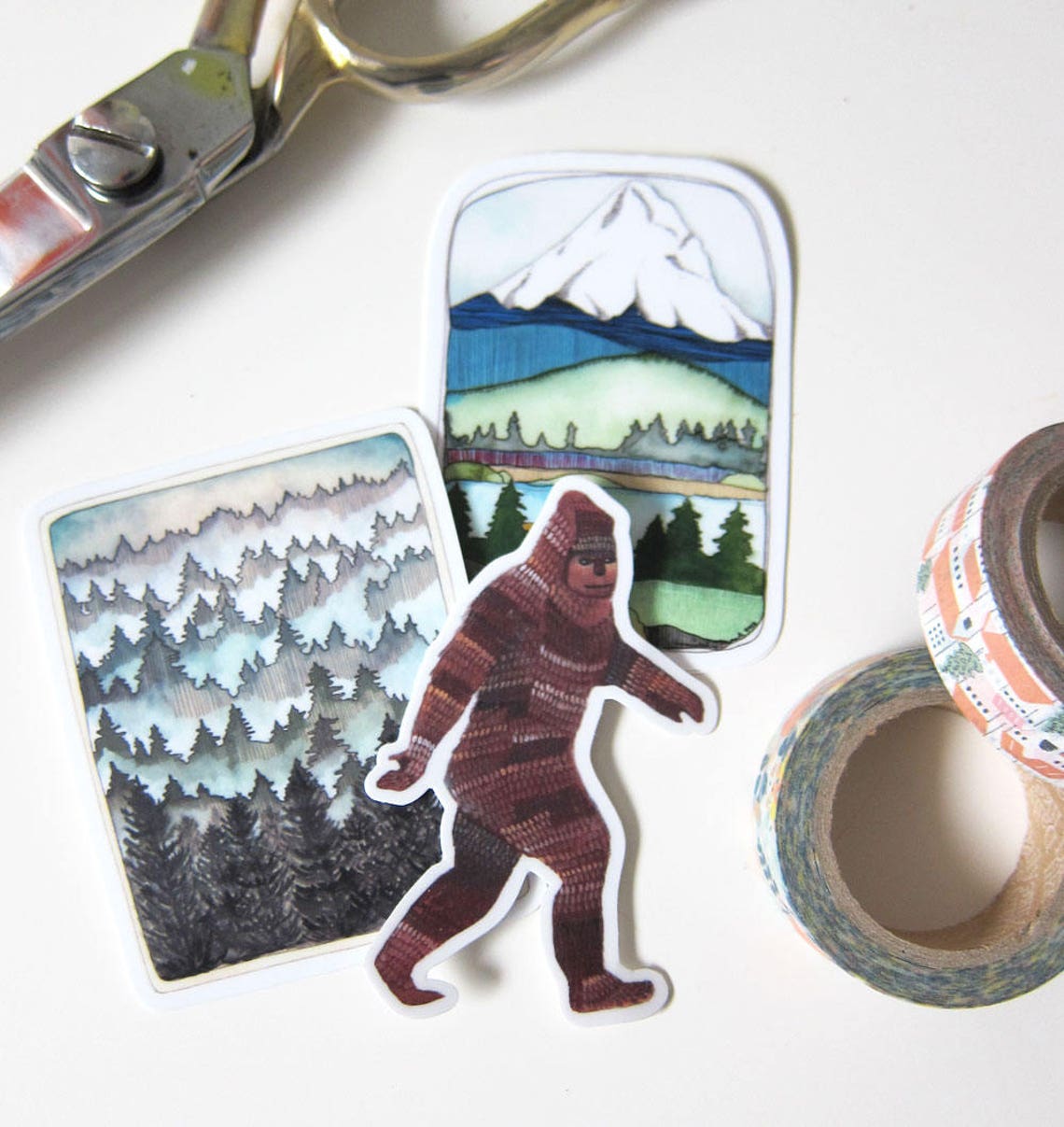 Northwest Sticker Set - Mt Hood Sasquatch and Misty Forest - Etsy