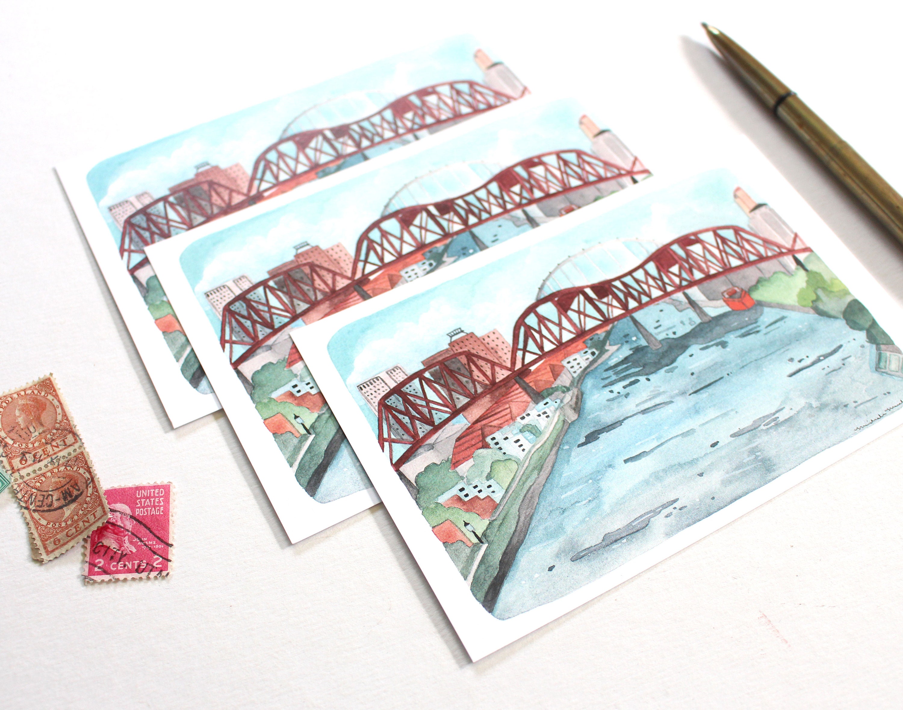 Illustrated Portland Oregon Postcard Set Broadway Bridge - Etsy