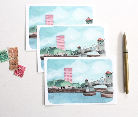 Illustrated Portland Oregon Postcards Burnside Bridge | Etsy