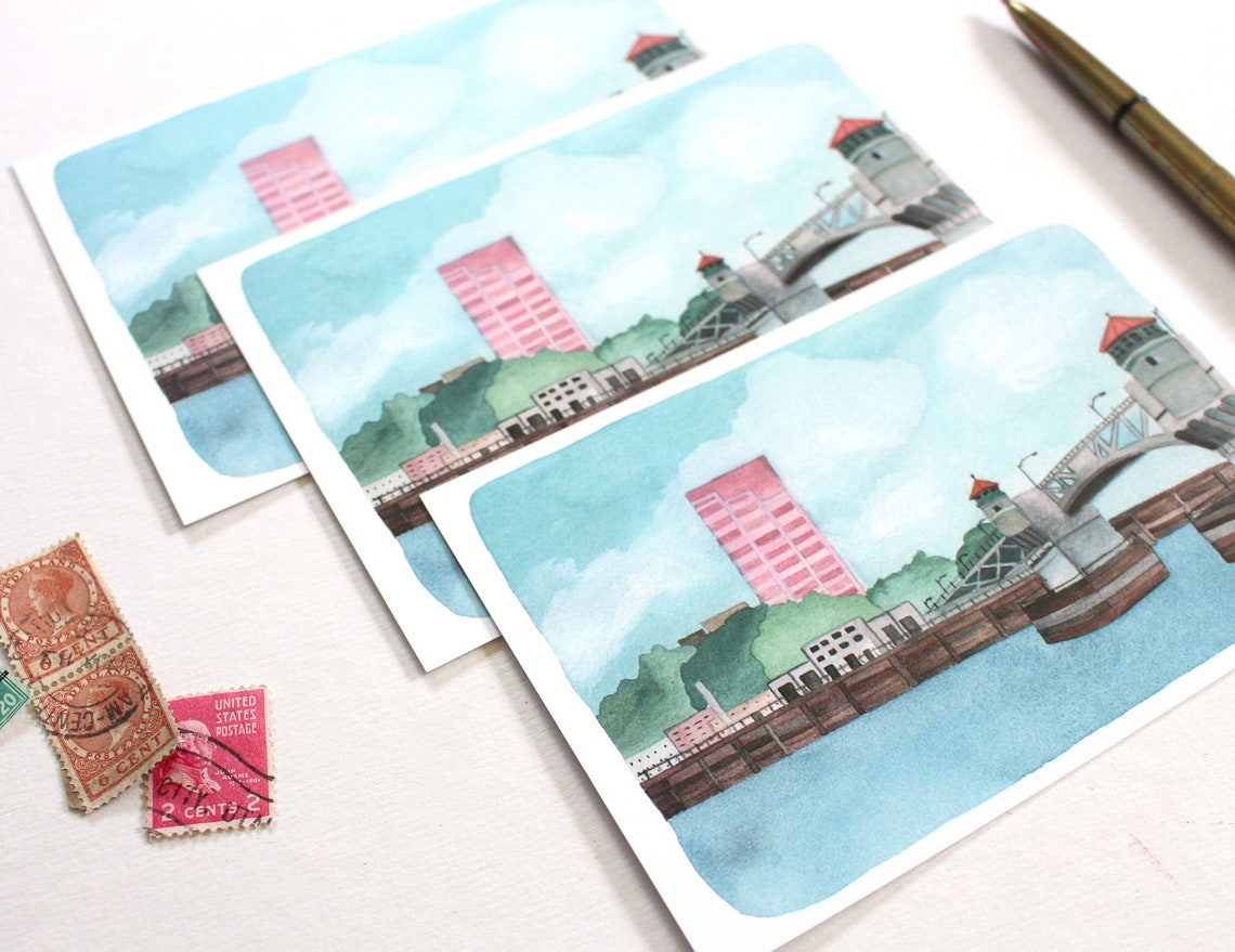 Illustrated Portland Oregon Postcards Burnside Bridge | Etsy