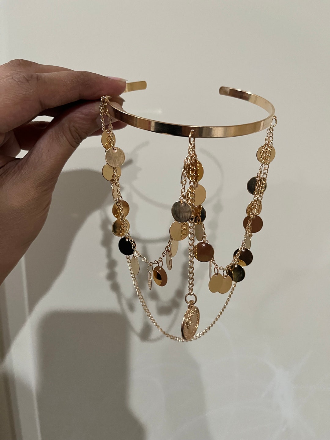 Upper Arm Cuff Bracelet , Gold Upper Arm Band Coin Gypsy Costume Fringe ...