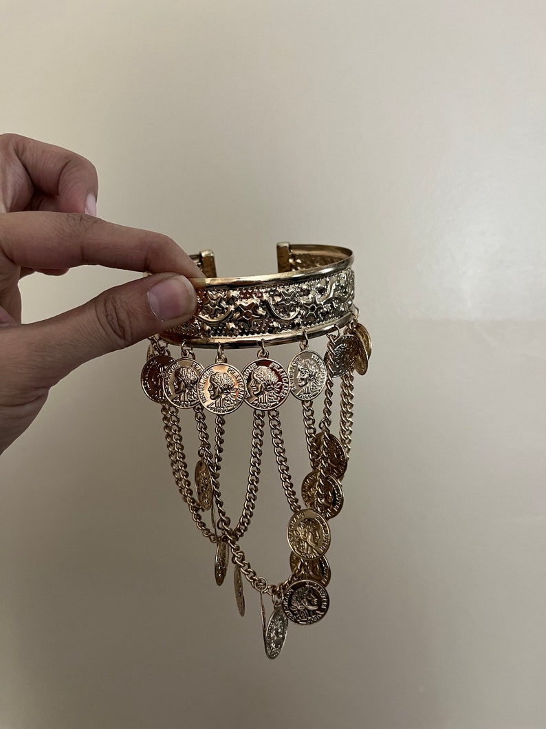Upper Arm Cuff Bracelet , Gold Upper Arm Band Coin Gypsy Costume Fringe ...