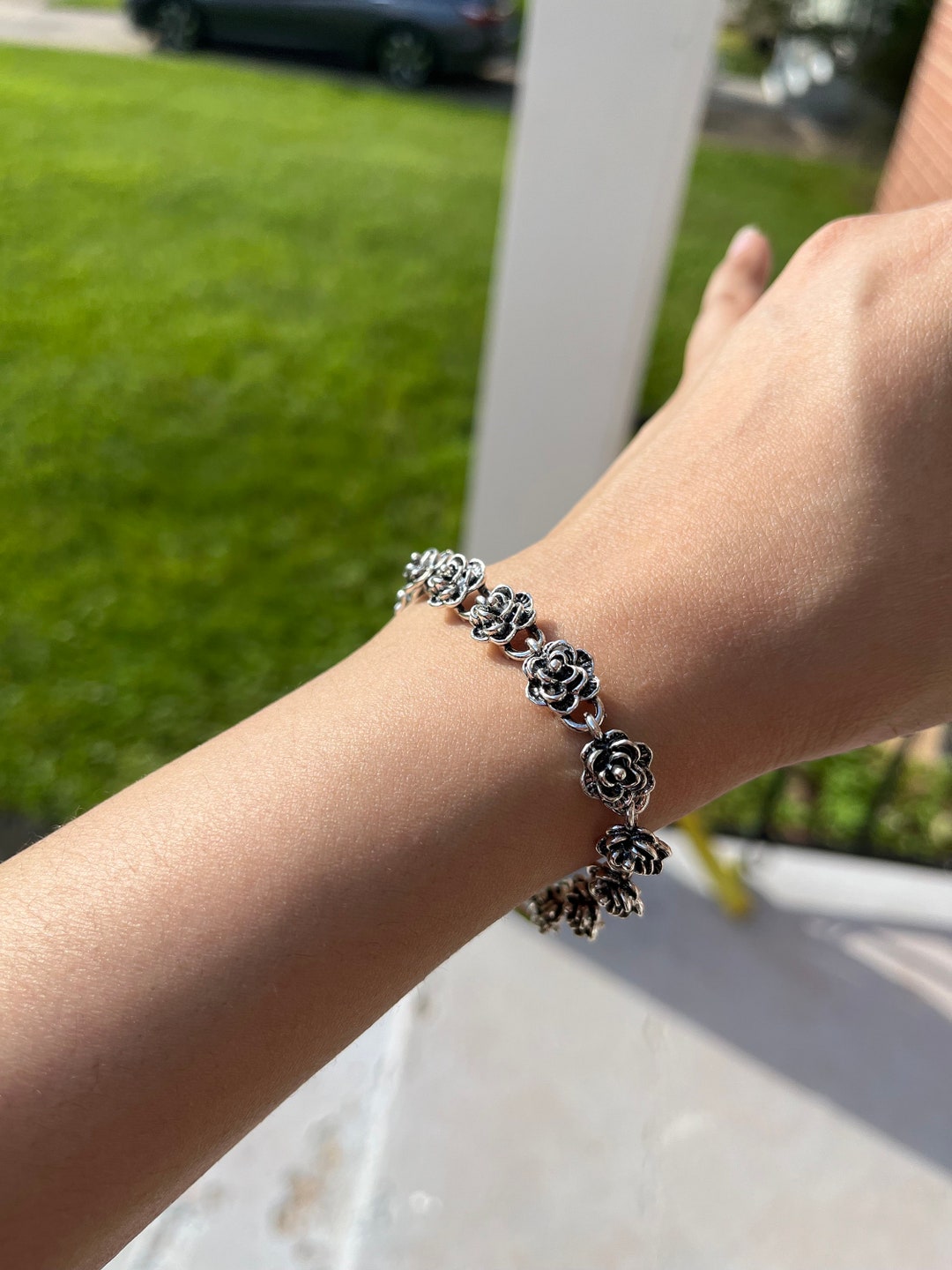 Silver Rose Bracelet Vintage Style Dainty Flower Medieval Flower ...