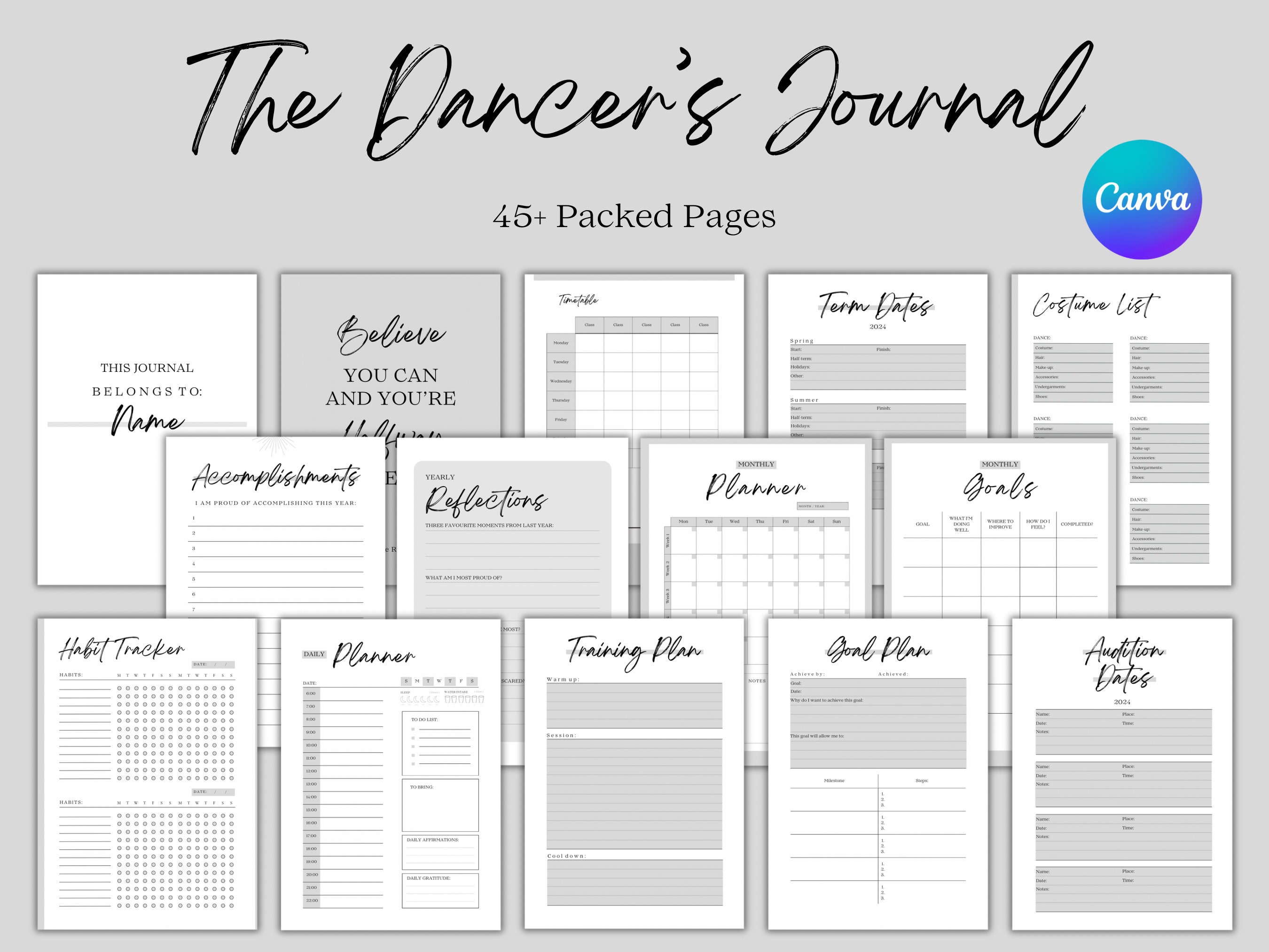 The Dancers Journal Printable, Minimalistic, Dance Planner - Etsy
