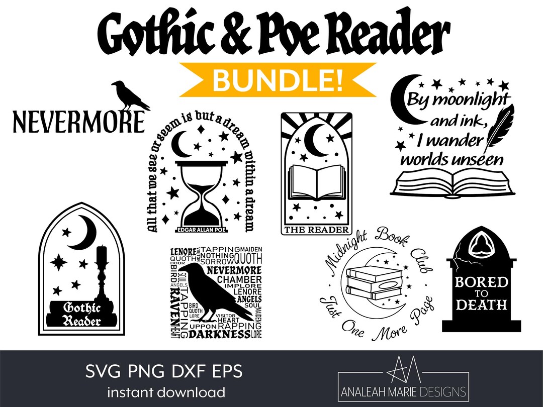 Gothic & Poe Reader SVG Bundle | Dark Academia Book Lover Designs ...