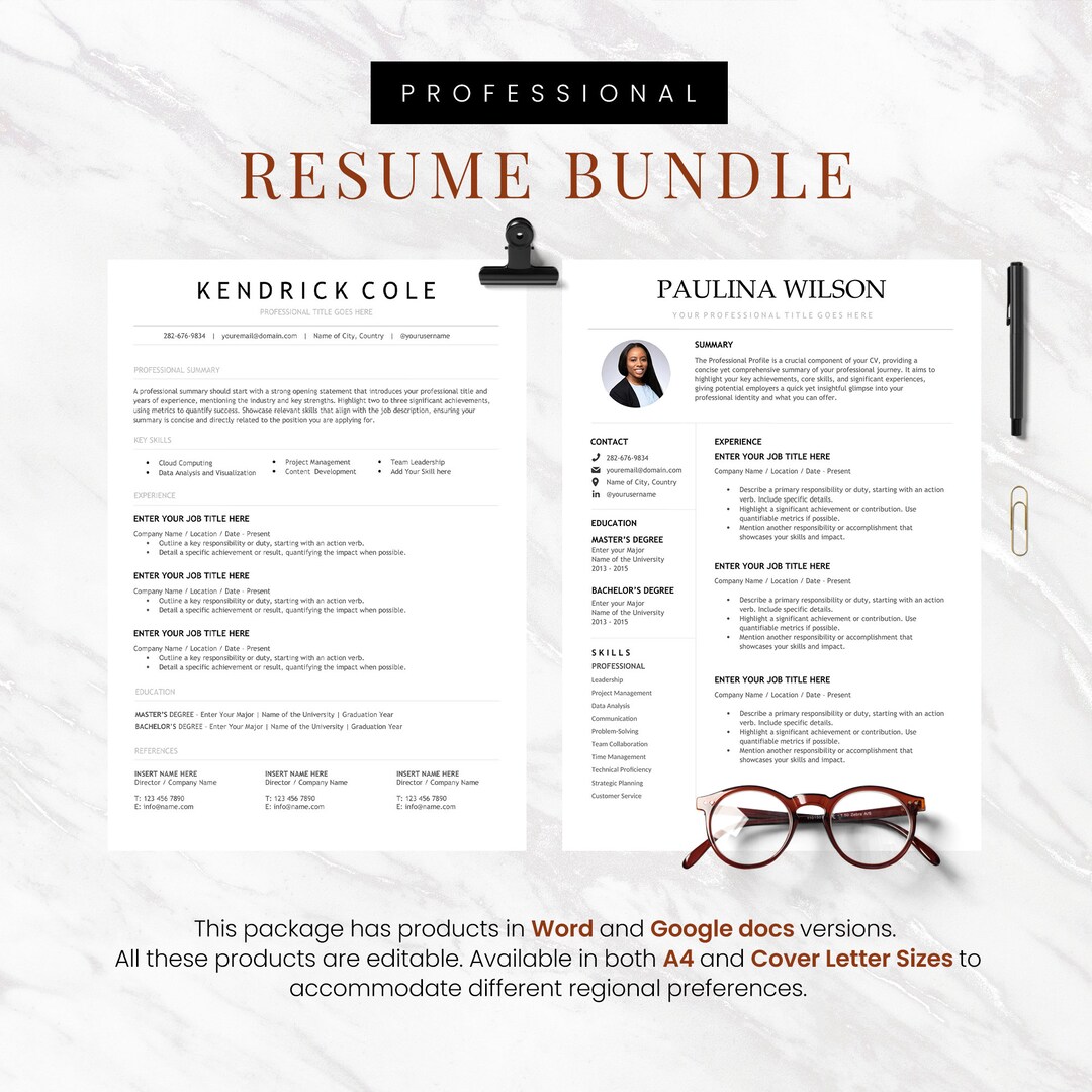 Professional Resume Bundle of 5, 1 and 2 Pages Bundle, Microsoft Word ...