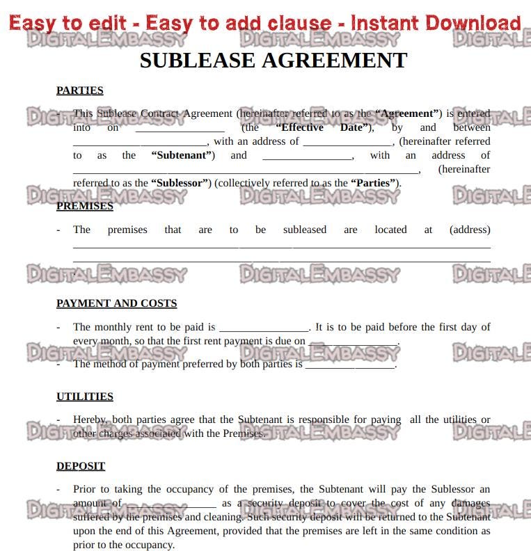 Easy to Use | Sublet Agreement | Sublet Tenant | Sublease Agreement ...