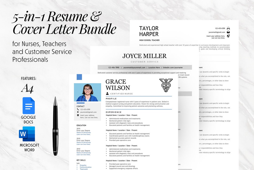 5 in 1 Resume & Cover Letter Bundle | Nurses | Teachers | Customer ...