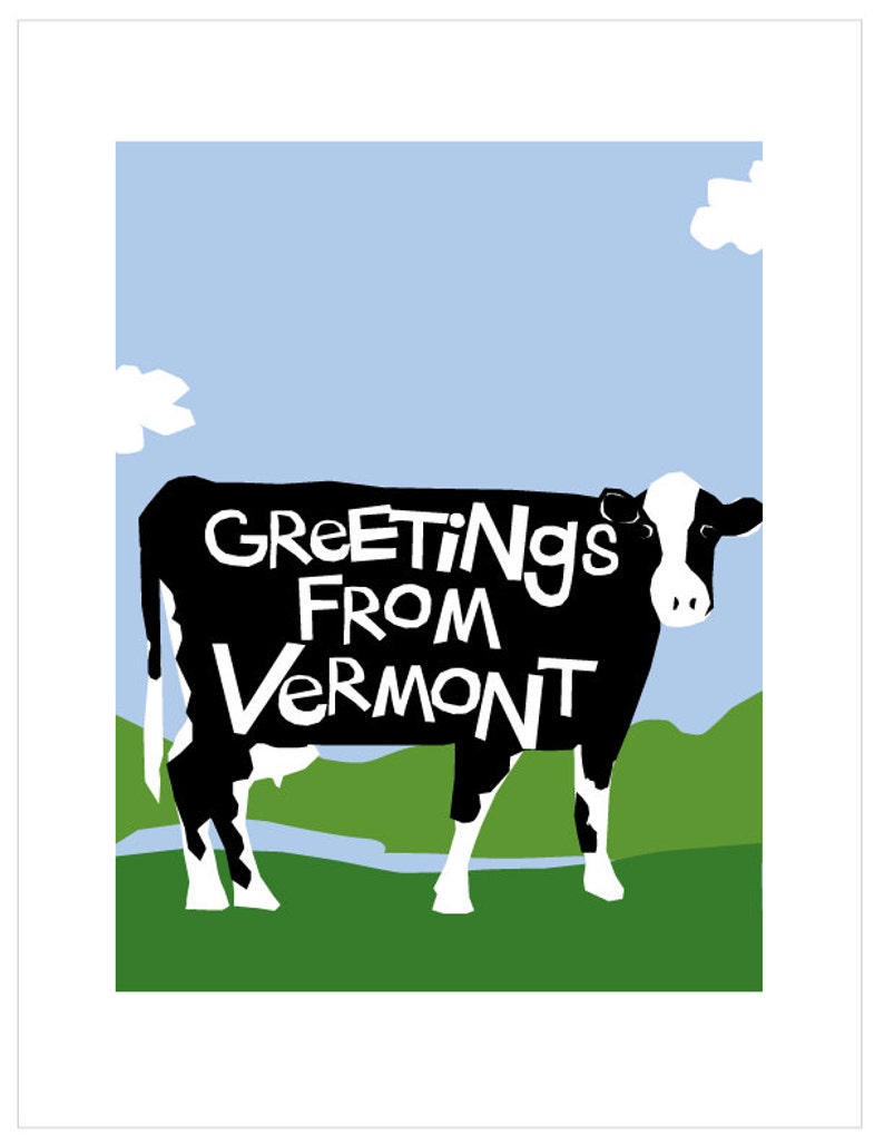 Greetings From Vermont Cow Illustration Hand Lettered Type - Etsy