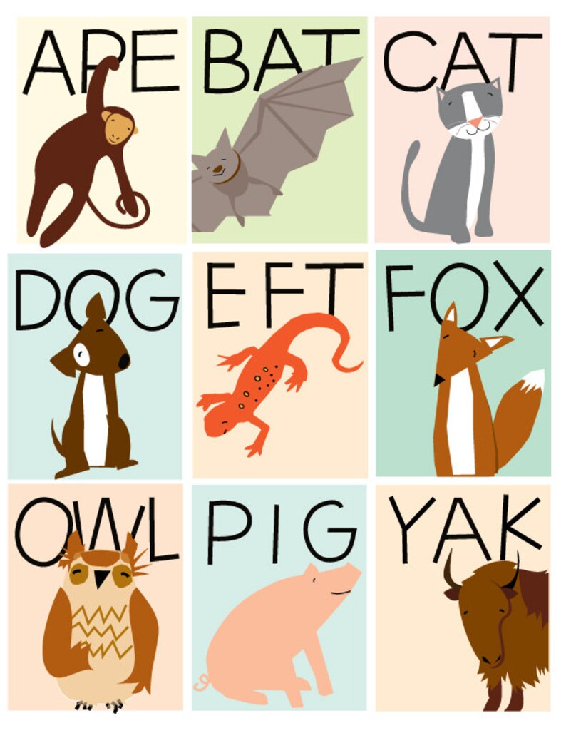 Nursery Art Original Illustrations 3 Letter Animals 8 X10 Inch - Etsy