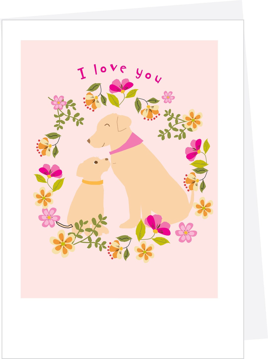 Mothers Day Greeting Card Yellow Lab Mom and Cute Puppy in Flower ...