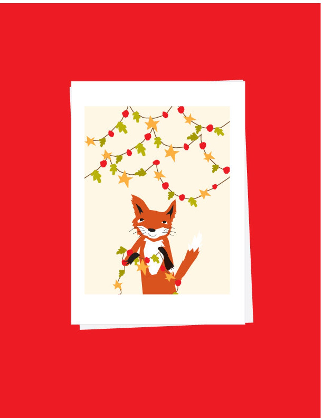 Christmas Card Red Fox With Garland Card Collection - Etsy