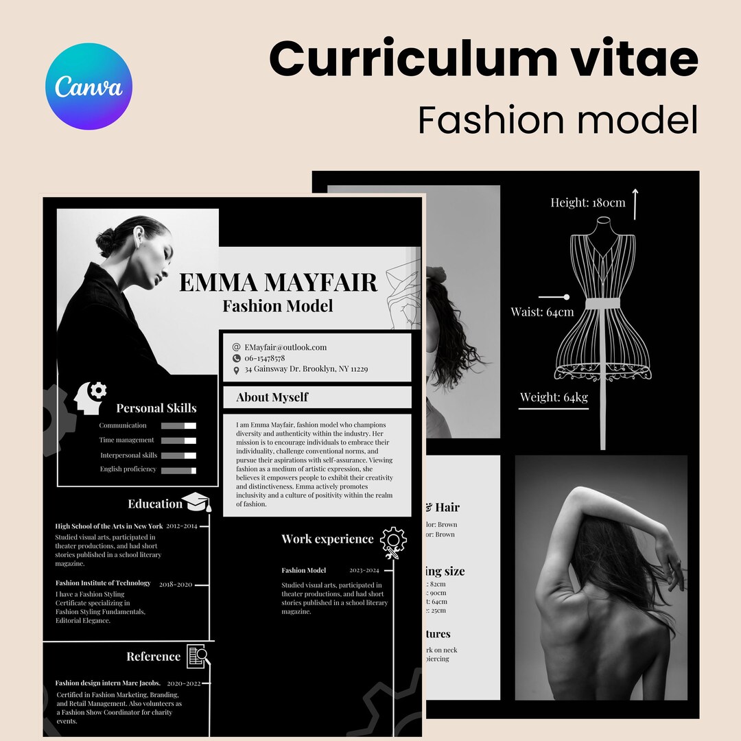 Professional Fashion Model CV Template Canva Design Elegant and Modern Job Template for Catwalk ...