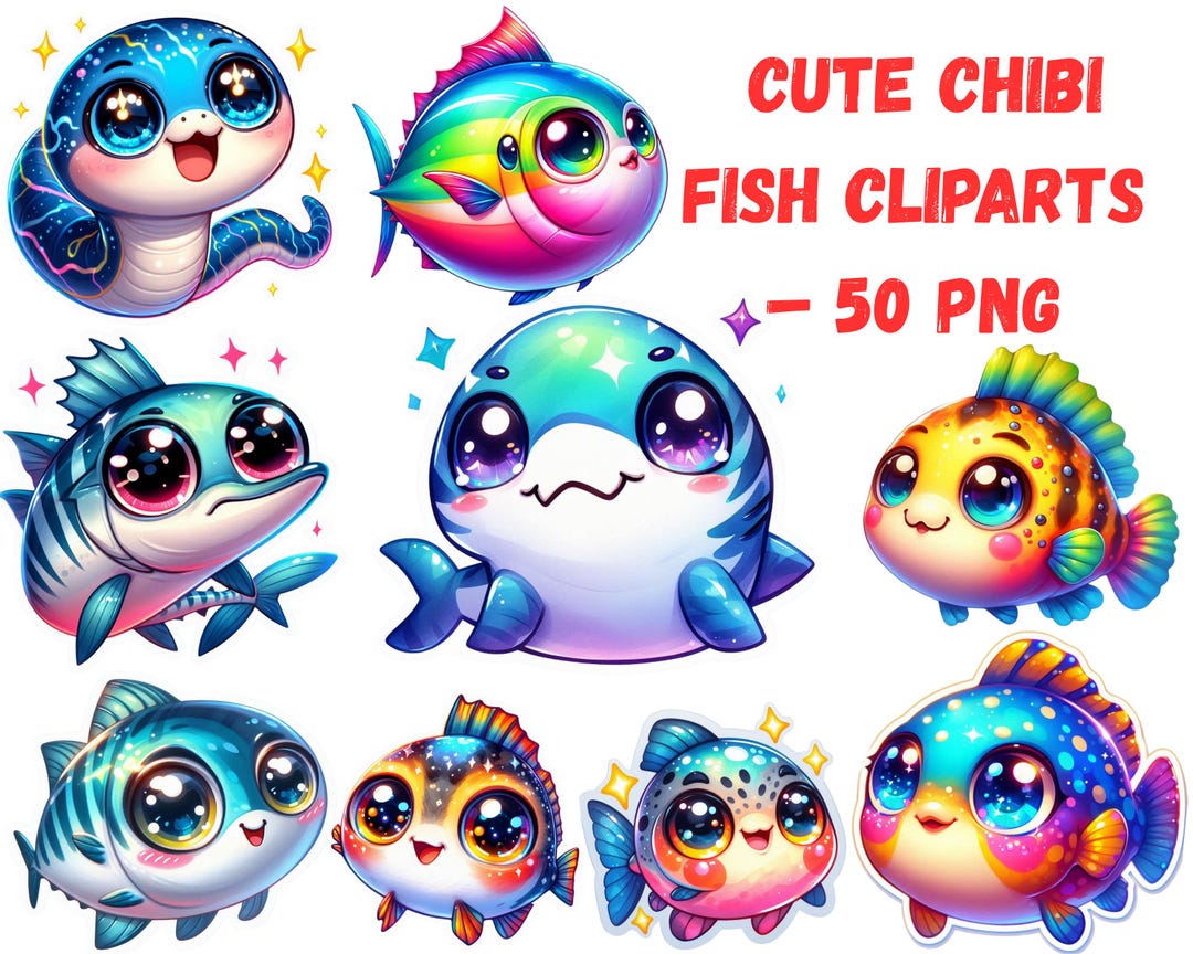 Watercolor Chibi Fish Stickers PNG – Cute Large Fish Clipart Digital ...
