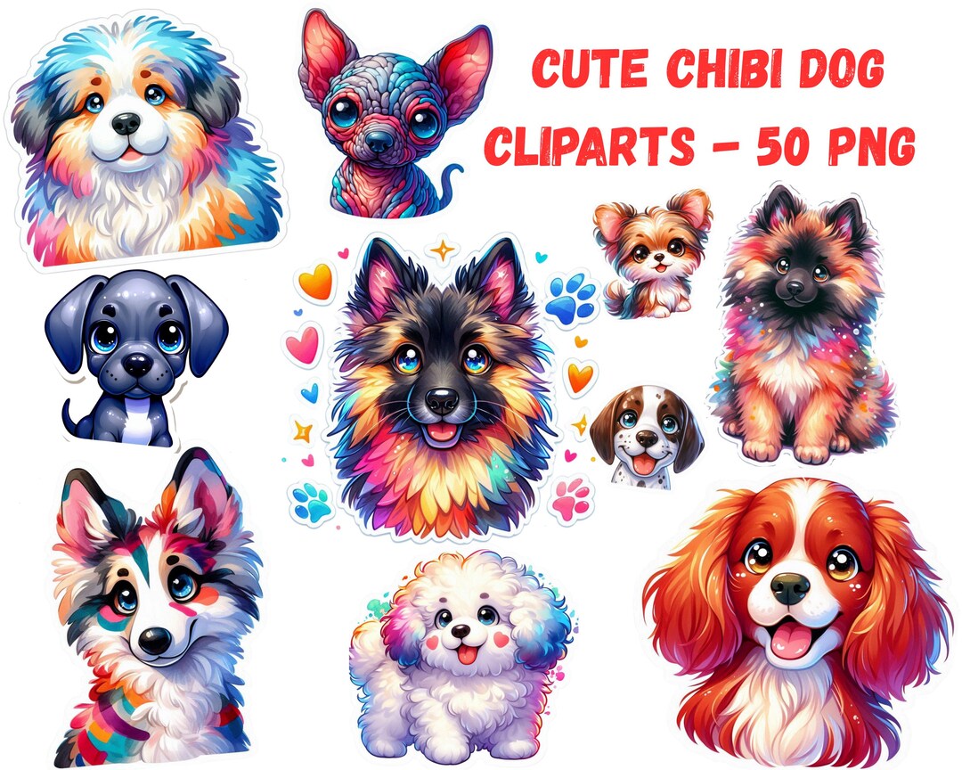 Watercolor Chibi Dog Stickers PNG – Cute Large Dog Clipart Digital ...