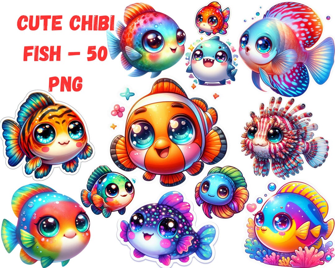 Watercolor Chibi Fish Stickers PNG – Cute Aquarium Fish Clipart Digital ...