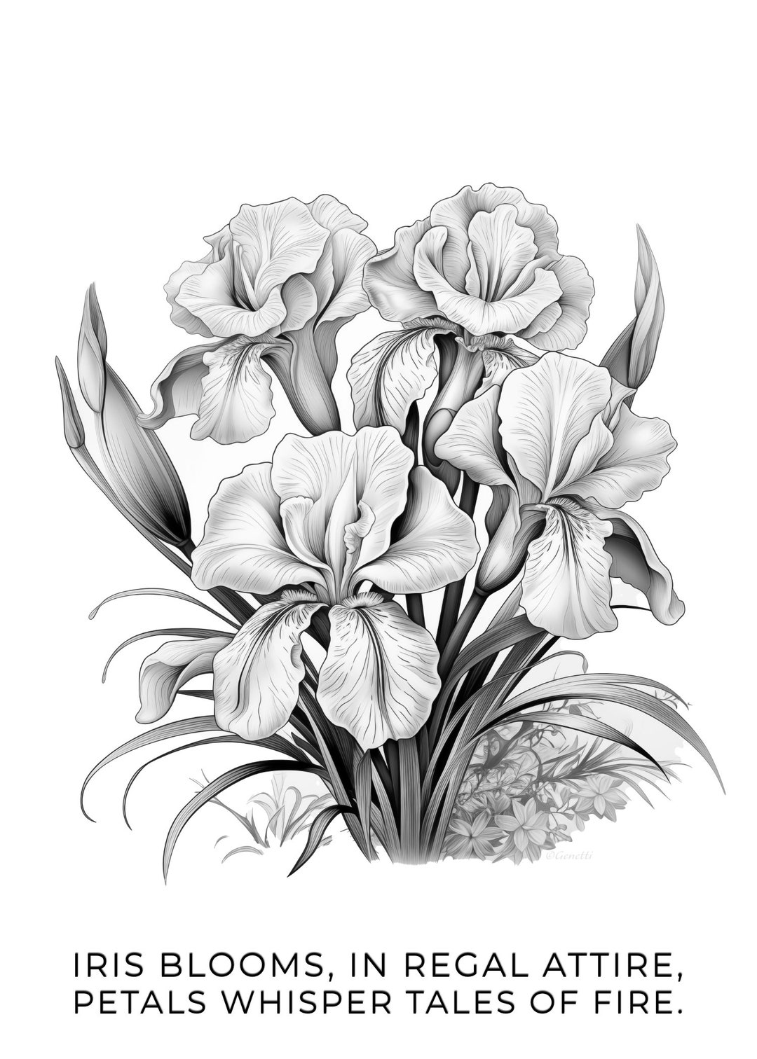 Iris Majesty: Regal Blooms Coloring Page - Digital Print, Line Drawing, Botanical Art, Art ...