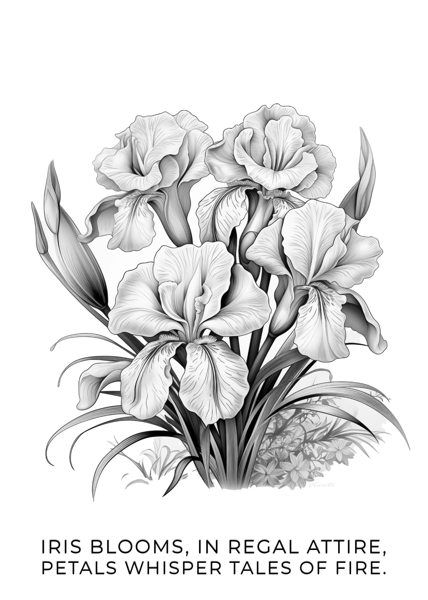 Iris Majesty: Regal Blooms Coloring Page - Digital Print, Line Drawing ...