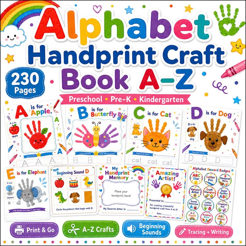 Back to School Alphabet Handprint Craft Bundle, 230 Page ABC Handprint ...