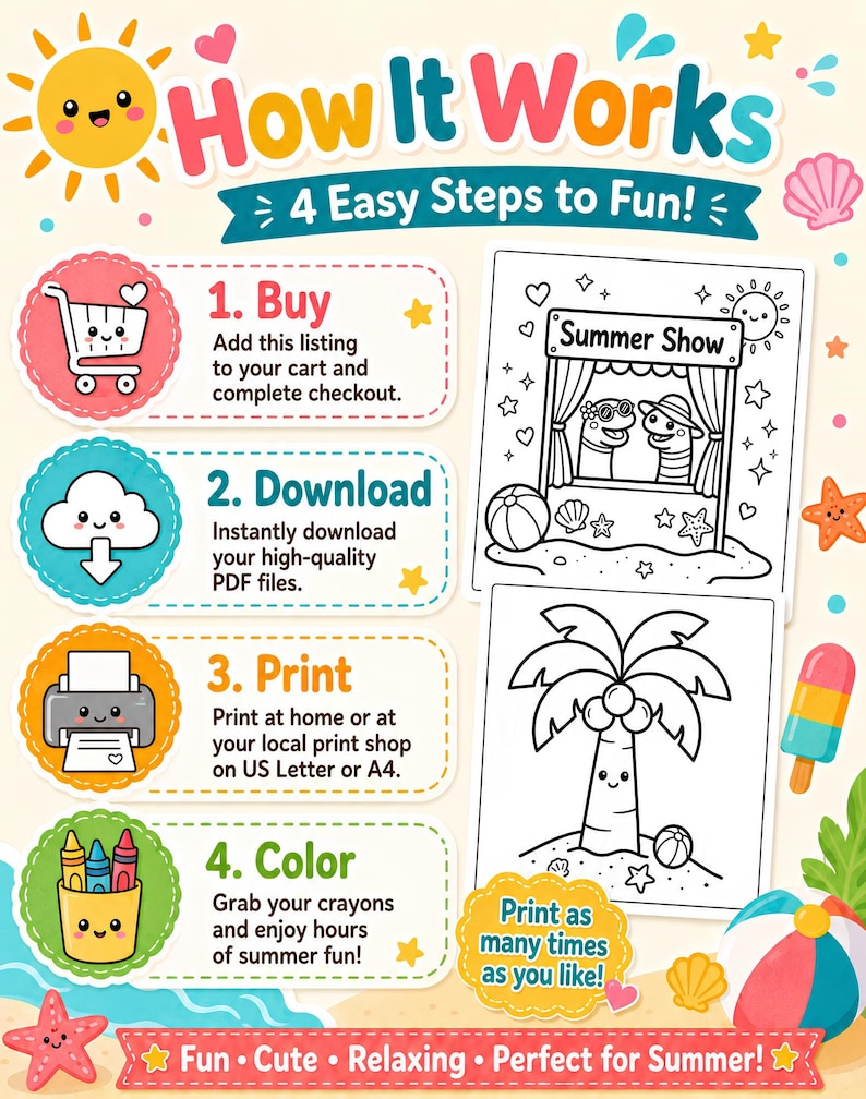 Summer Coloring Pages for Kids, 100 Cute Kawaii Summer Coloring Pages ...