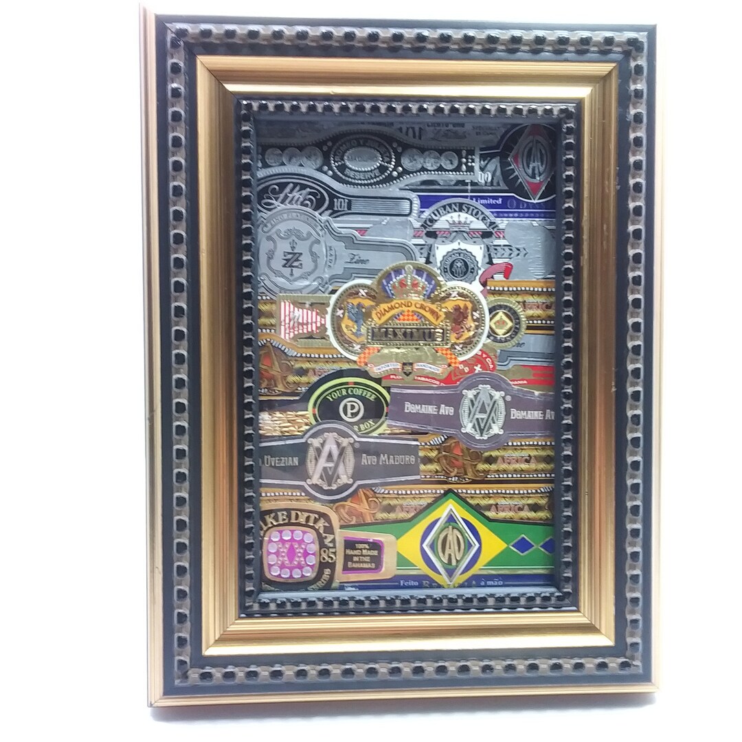 Upcycled Recycled Framed Cigar Label Collage Wall Decor or Trinket Tray ...