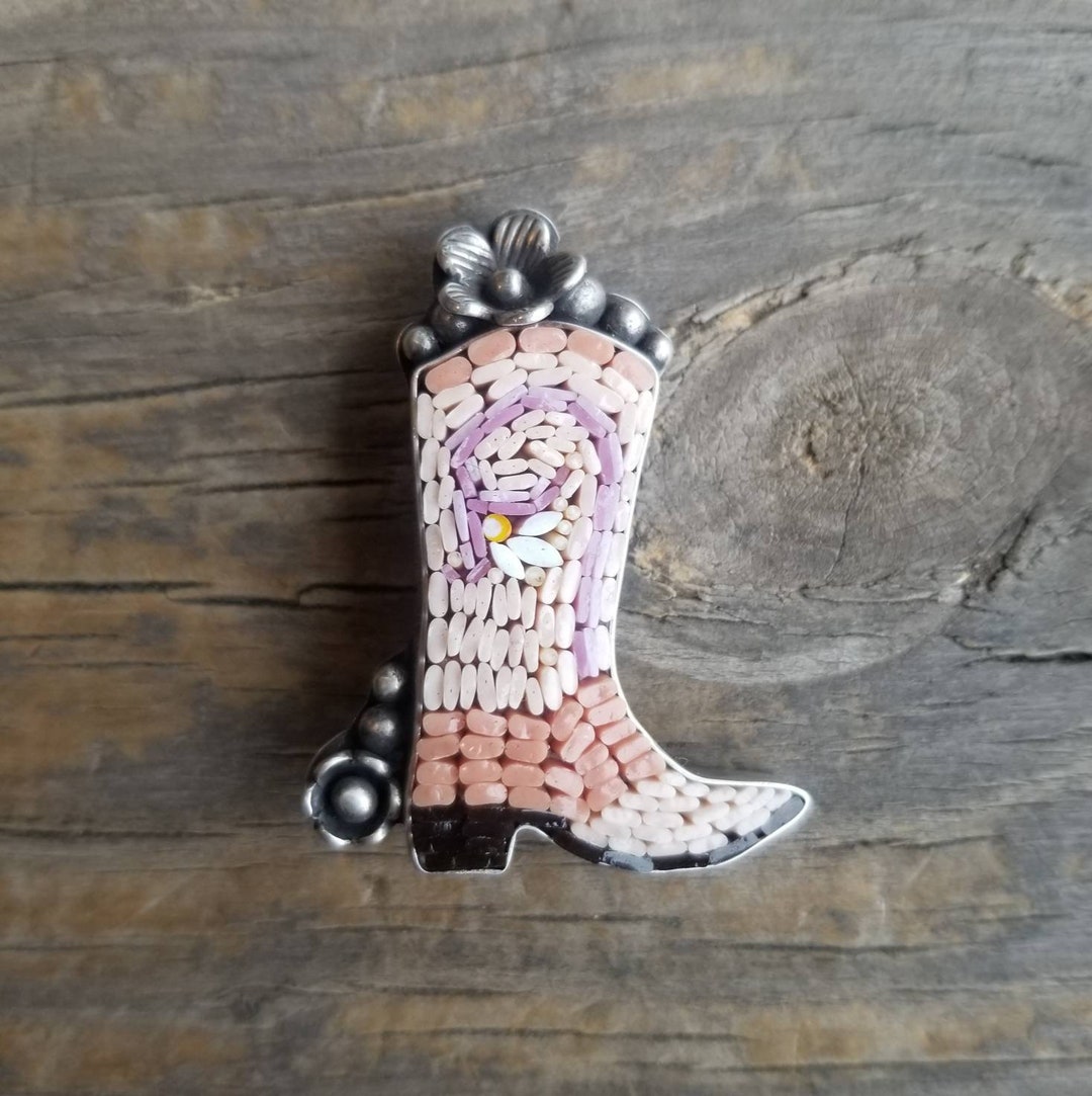 Cowboy Boot Pin . Handmade Sterling & Micro Mosaic Brooch . Julie ...