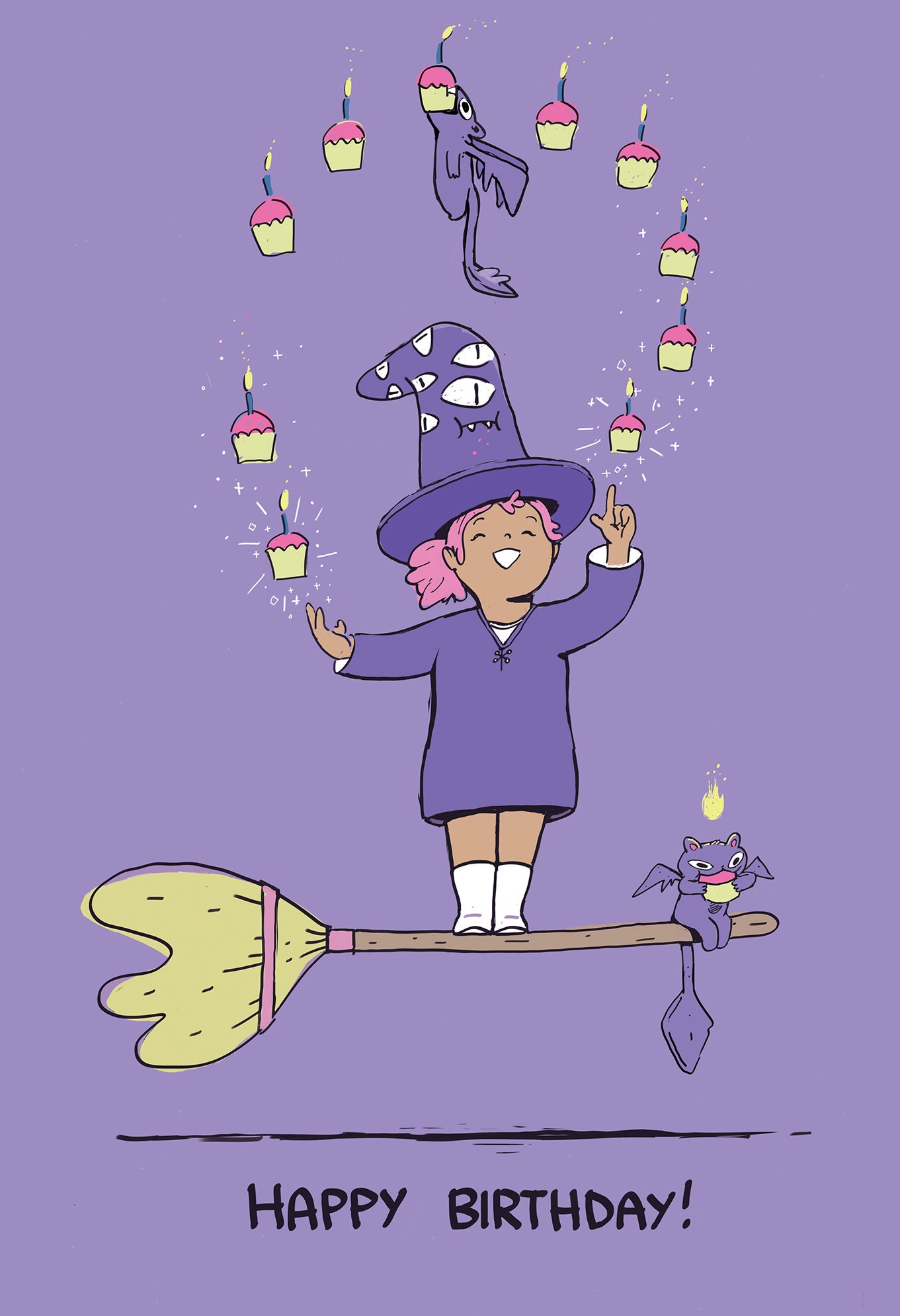 Witch and Little Cat Dragons Happy Birthday Greeting Card - Etsy